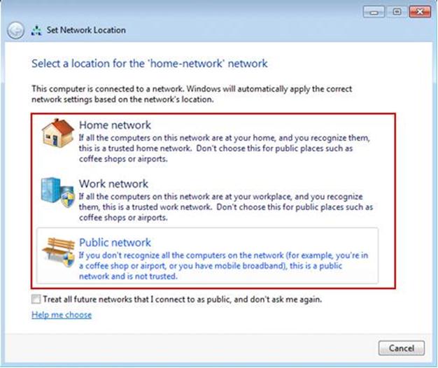 A “Set Network Location” dialog box appears when you first log on to a ...